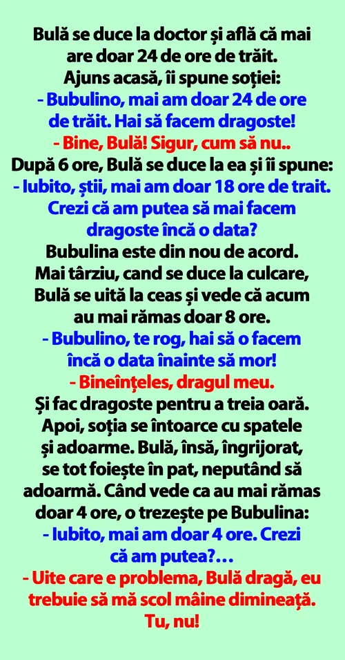 BANC | Bulă se duce la doctor și află că mai are doar 24 de ore de trăit